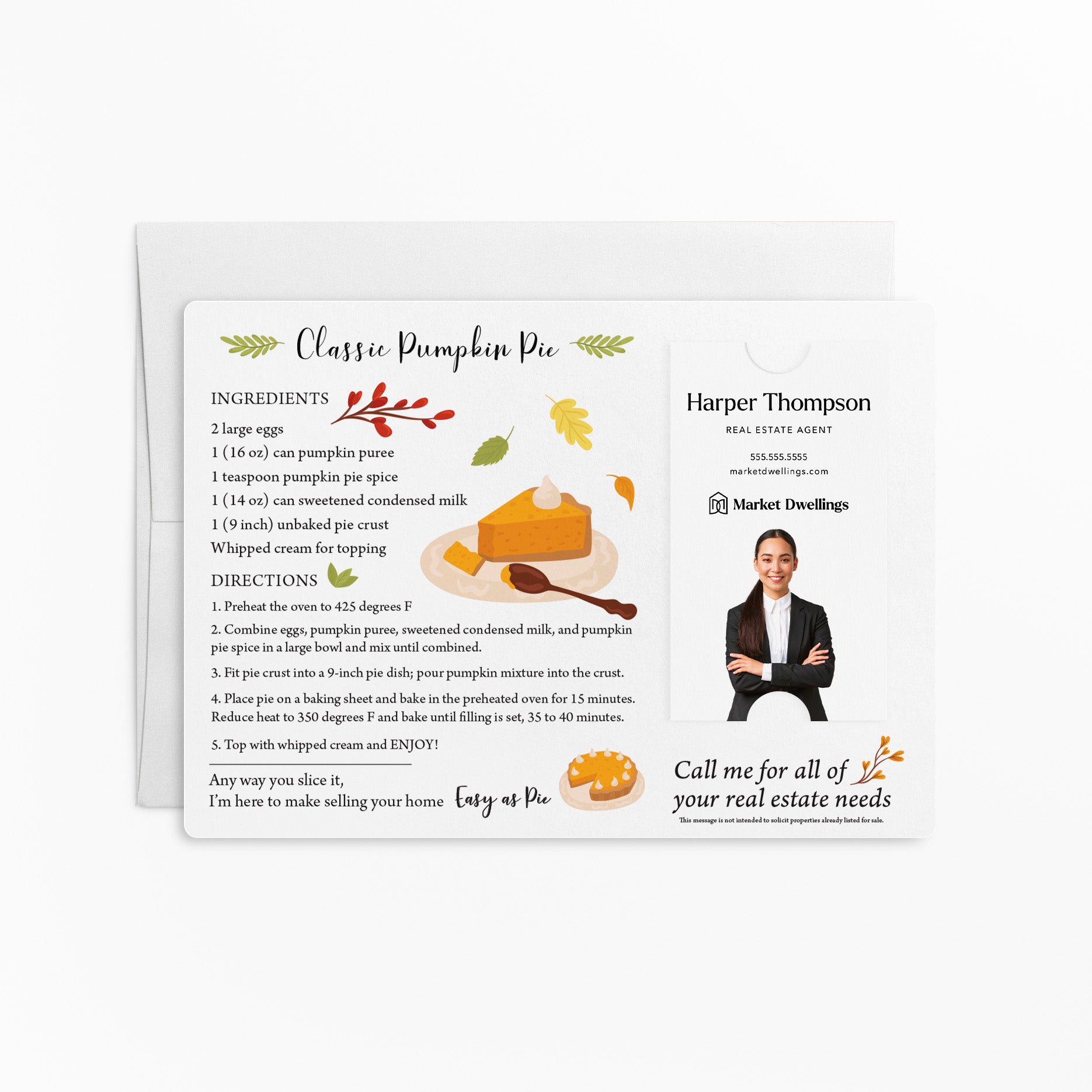 Vertical | Set of "Classic Pumpkin Pie" Recipe Cards | Envelopes Inclu ...